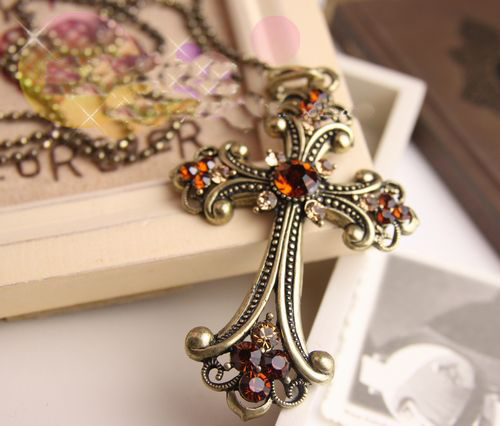 Vintage Cross Necklace, Long Sweater Necklace With Crystal on Luulla
